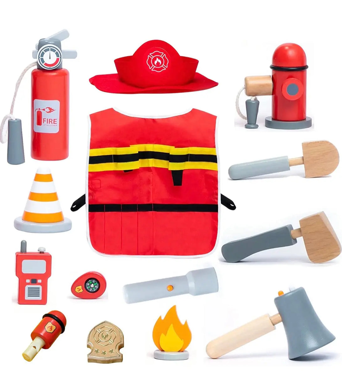 Wooden Firefighter Costume Fireman Dress Up playset - Eduspark Toys
